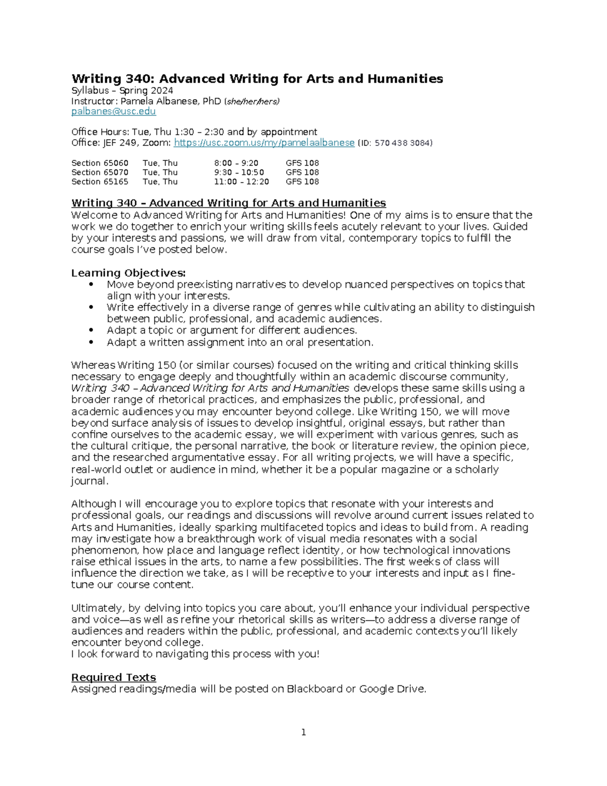 20241 Albanese Pamela Syllabus - Writing 340: Advanced Writing for Arts ...