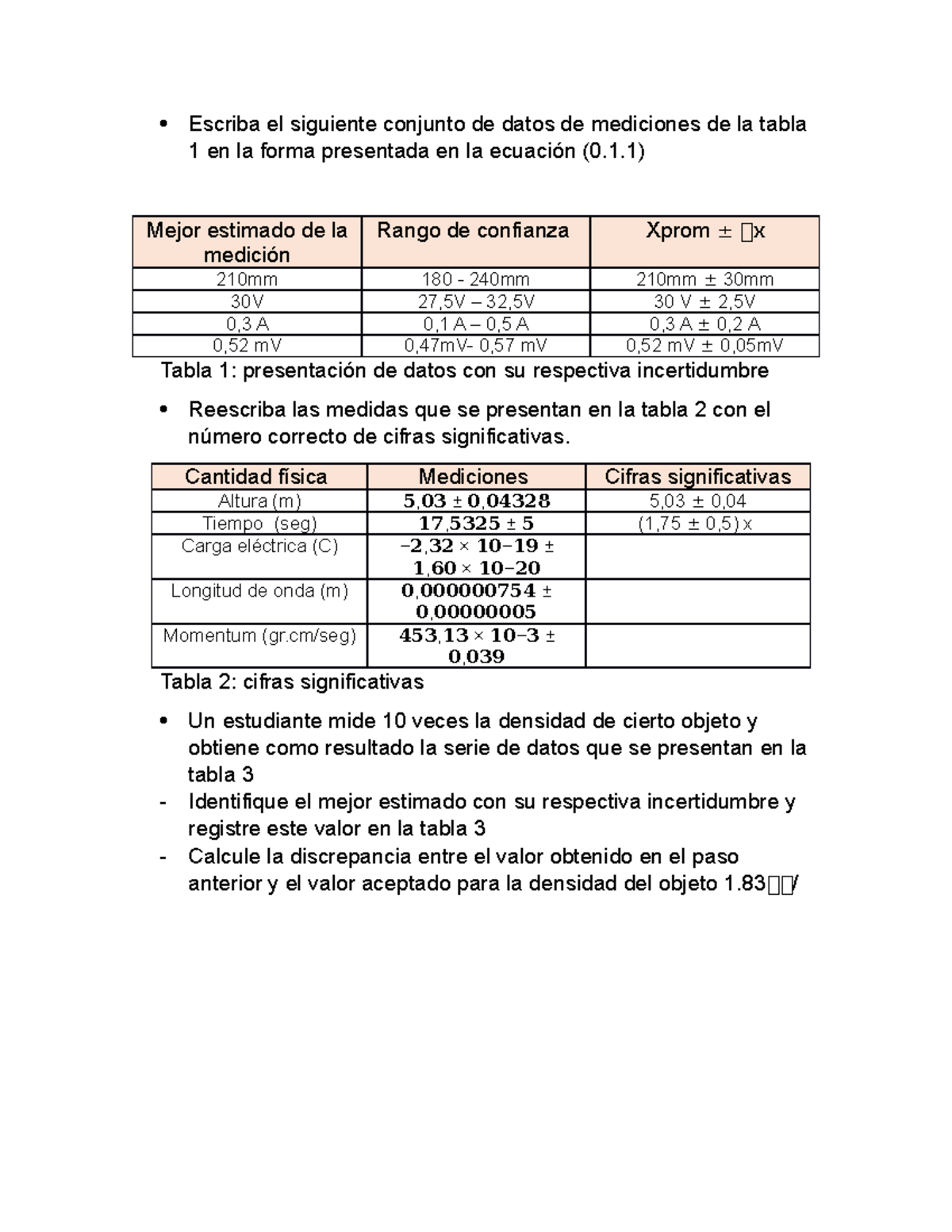 Tablas de datos 1er informe - Escriba el siguiente conjunto de datos de ...
