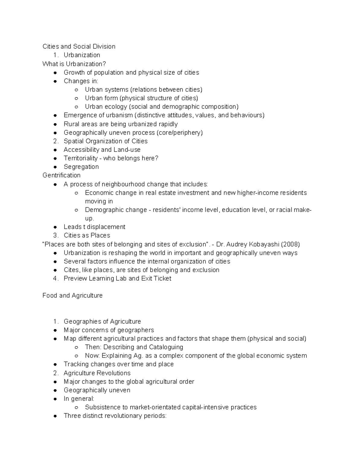 GPHY 101 TERM Notes - Cities and Social Division 1. Urbanization What ...