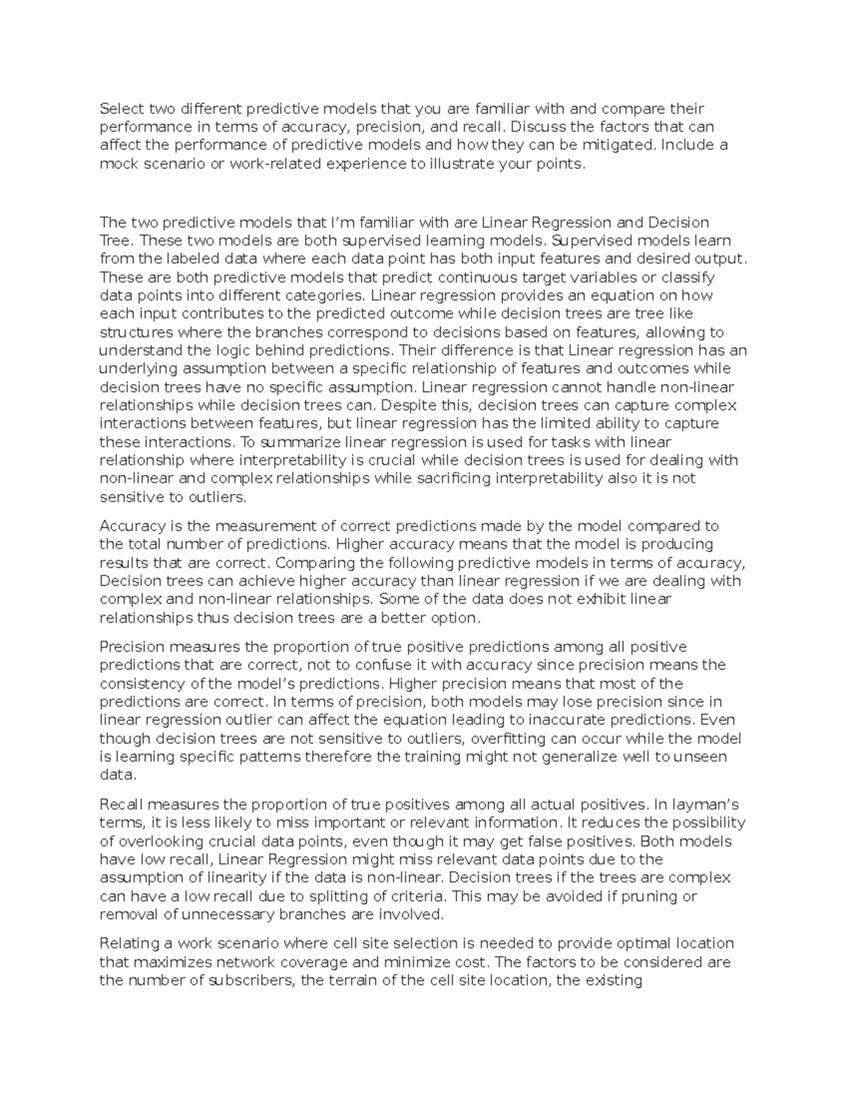 Pre-discussion Week 2 - Select two different predictive models that you ...