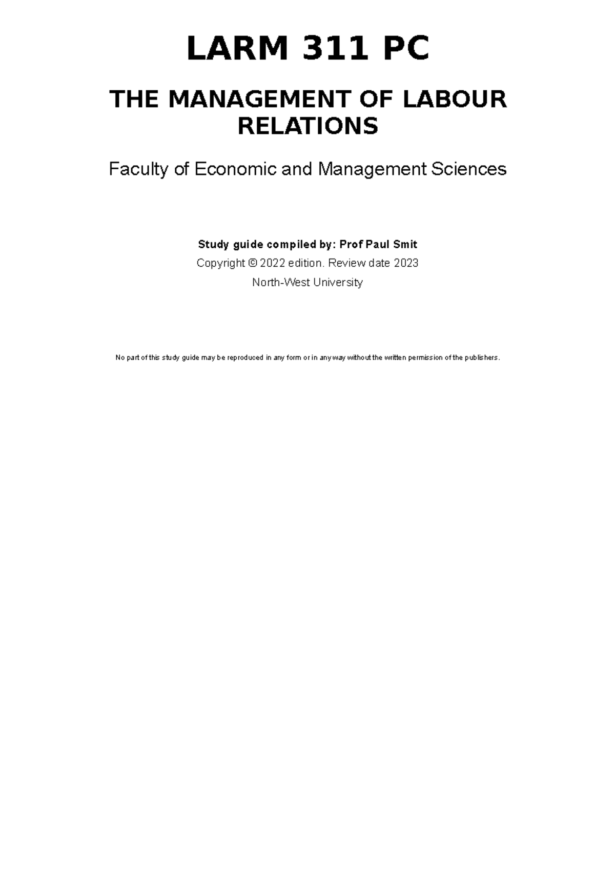 2023 Study guide eng LARM 311 - LARM 311 PC THE MANAGEMENT OF LABOUR ...