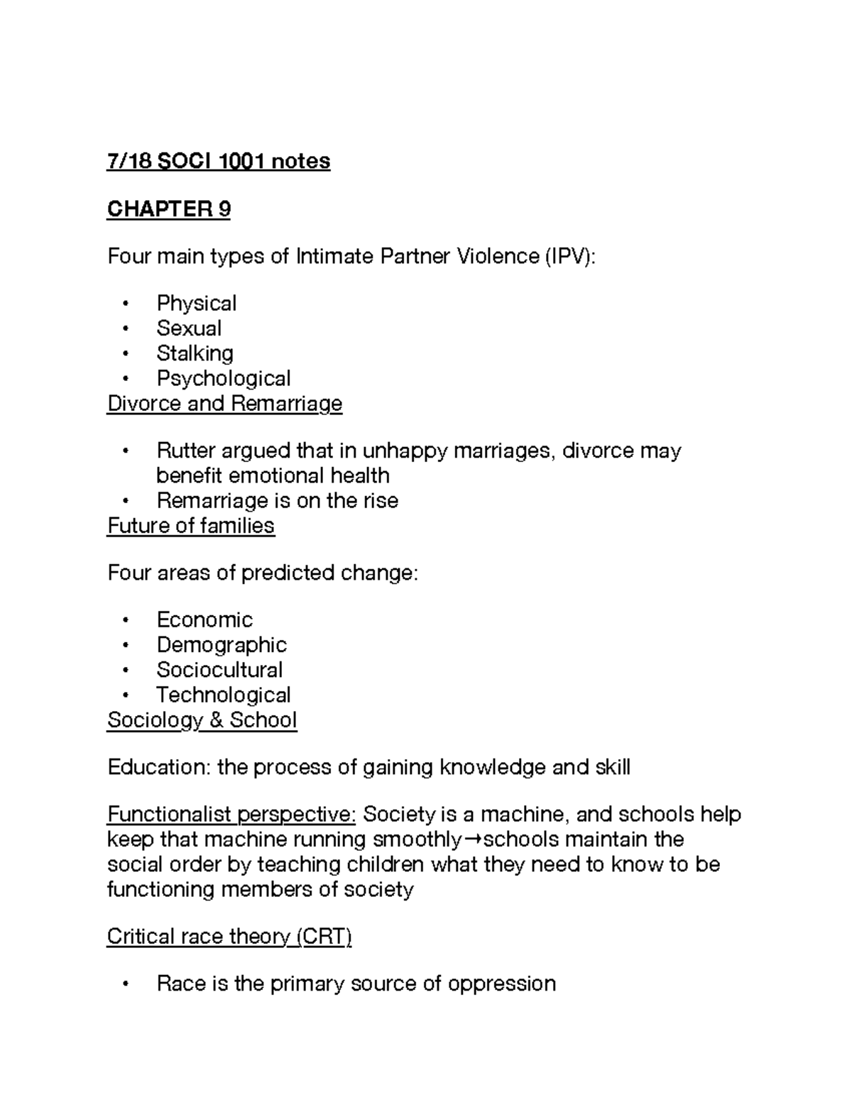 7:18 SOCI 1001 - Bryan Greene - 7/18 SOCI 1001 notes CHAPTER 9 Four ...