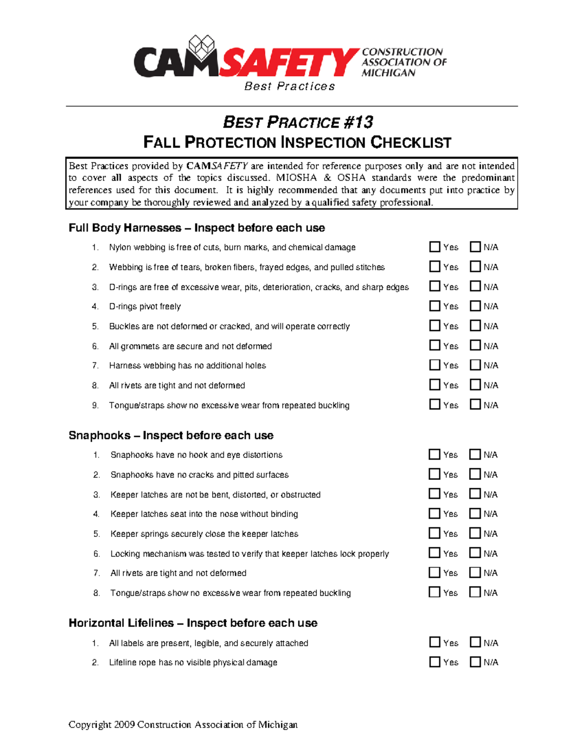 Fall Protection Inspection Checklist 1 - Best Practices Copyright 2009 ...