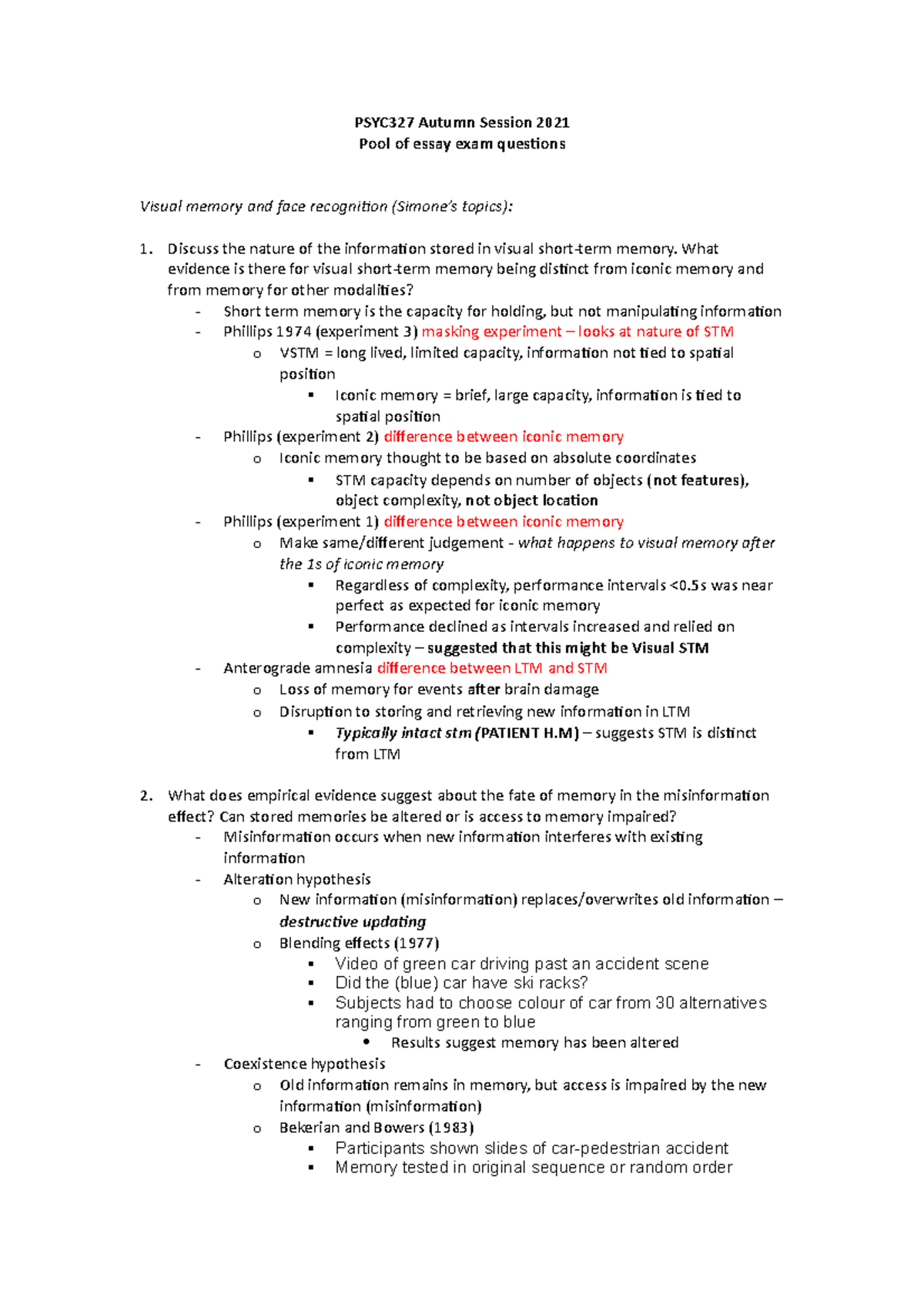 Final Exam: Essay questions pool 2021 - PSYC327 Autumn Session 2021 ...