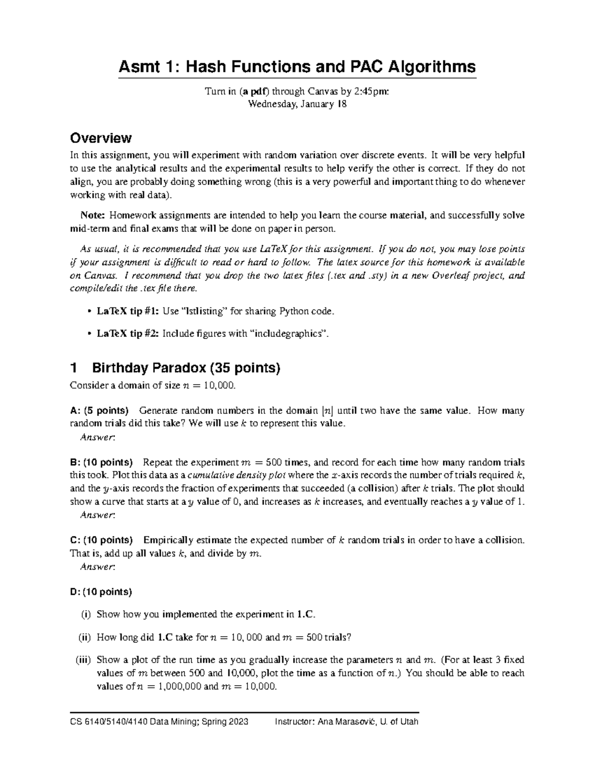 A1-Stat Prin-2 - Assignments - Asmt 1: Hash Functions and PAC Algorithms Turn in (a pdf) through ...