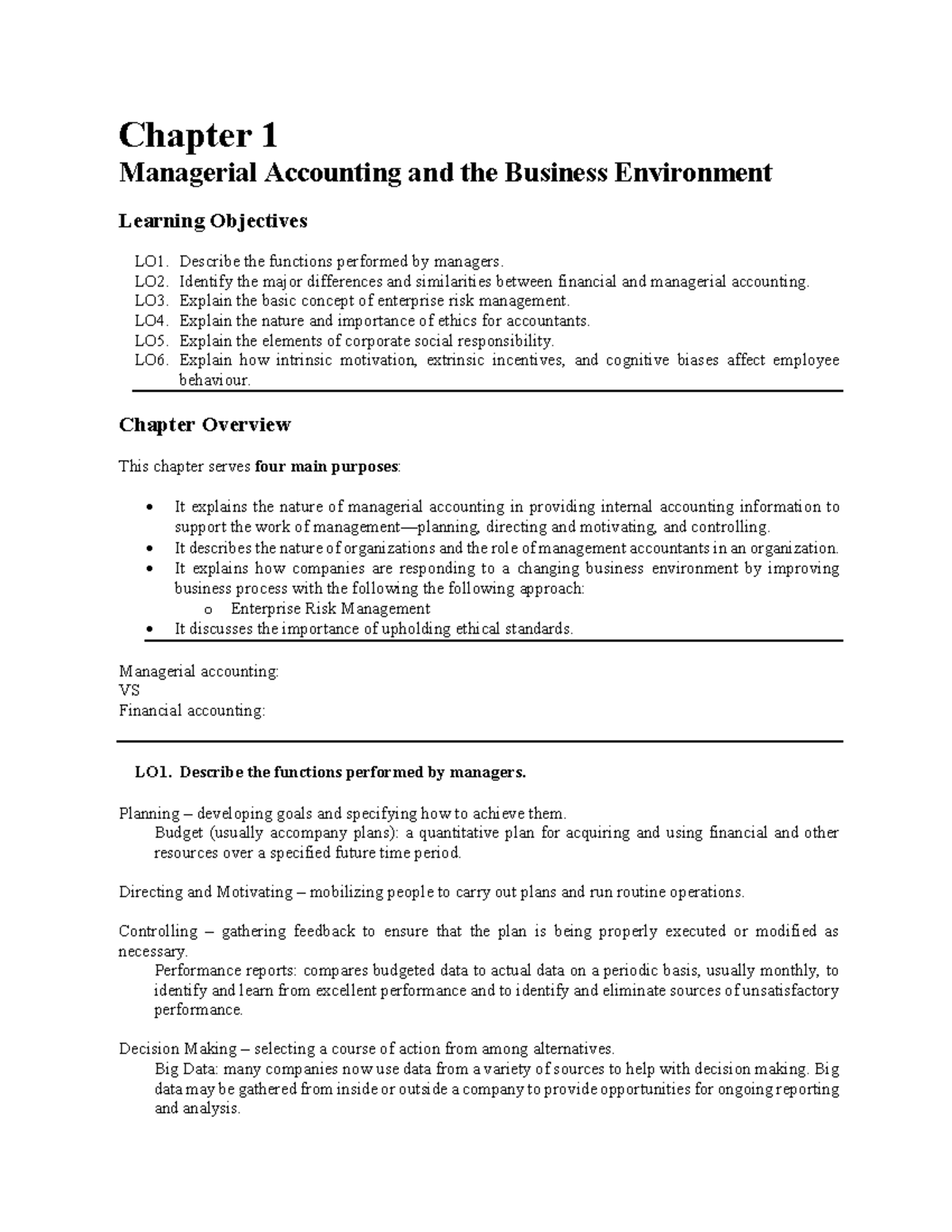 Management Accounting Chapter 1 Student Handout - Chapter 1 Managerial ...