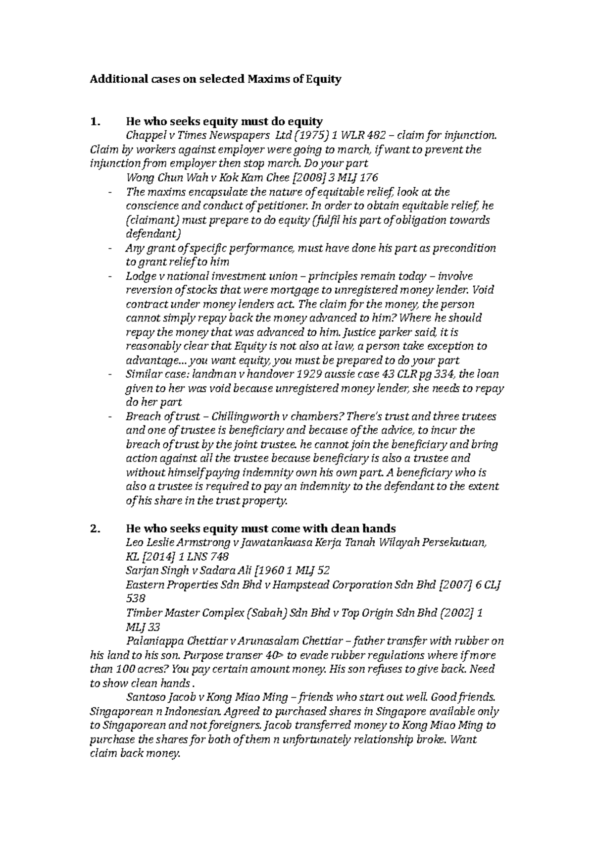 Additional case on selected Maxims of Equity - He who seeks equity must ...