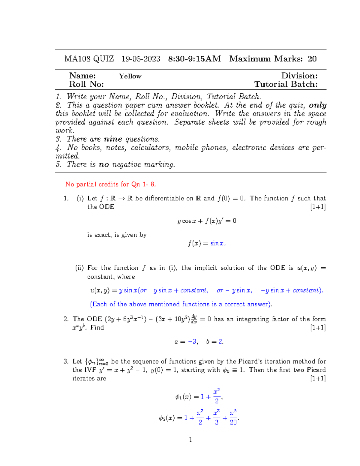 Quiz Solutions- Yellow - MA108 QUIZ 19-05-2023 8:30-9:15AM Maximum ...