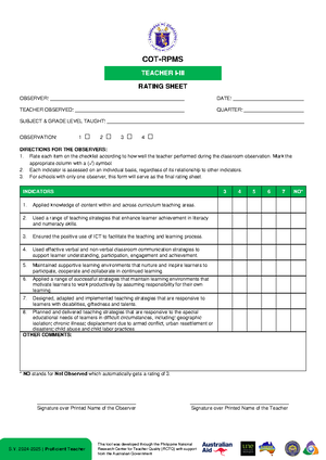 [Appendix C-12] COT-RPMS Rating Sheet for MT I-IV for SY 2024-2025 ...