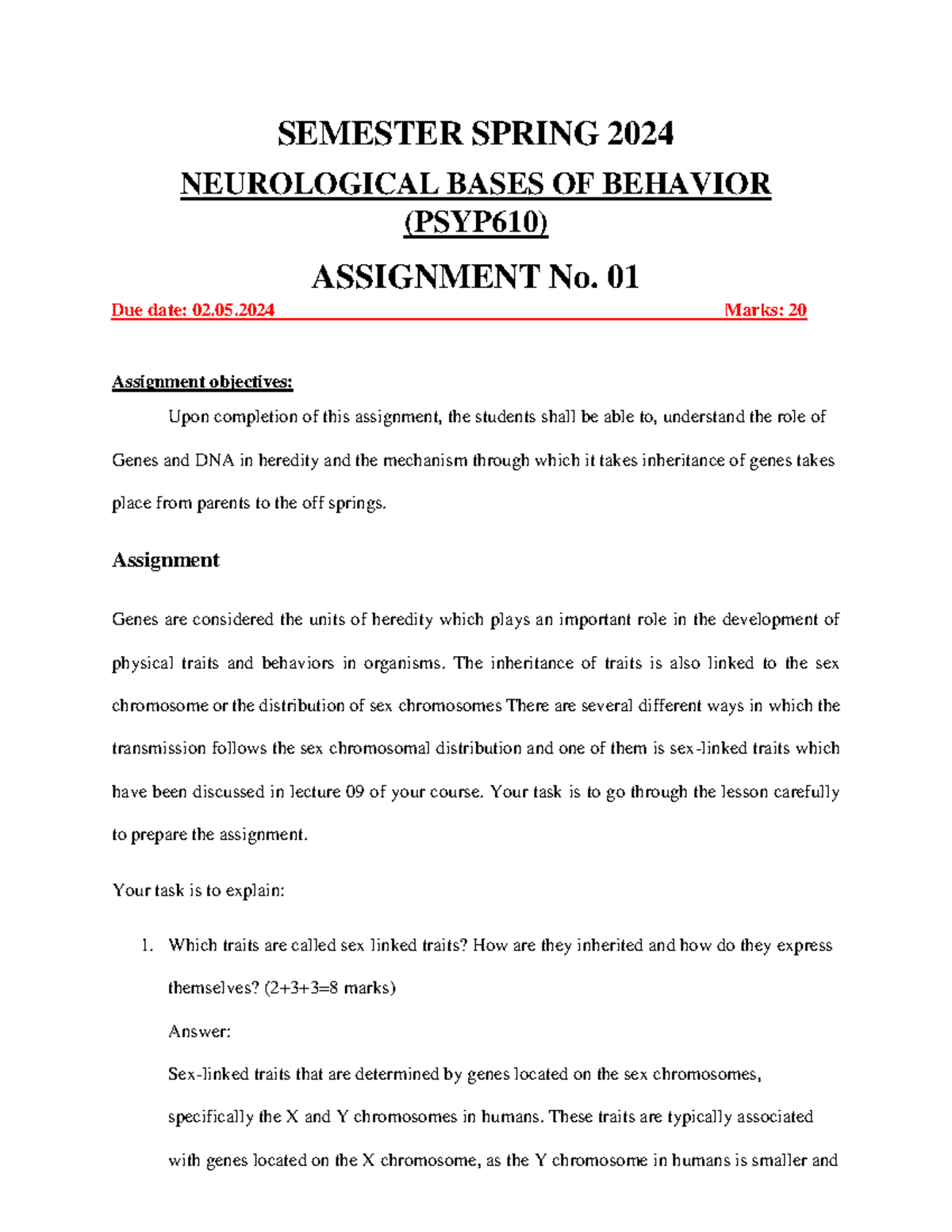 Psy610sol - SEMESTER SPRING 2024 NEUROLOGICAL BASES OF BEHAVIOR ...