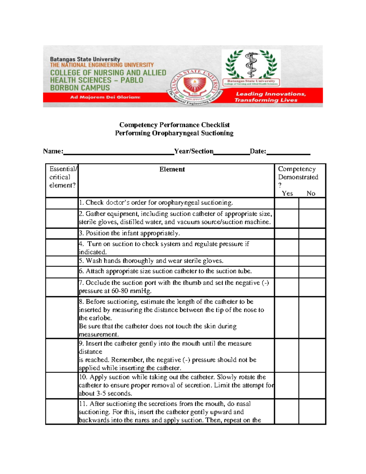 Checklist Performing Oropharyngeal Suctioning - Competency Performance Checklist Performing ...