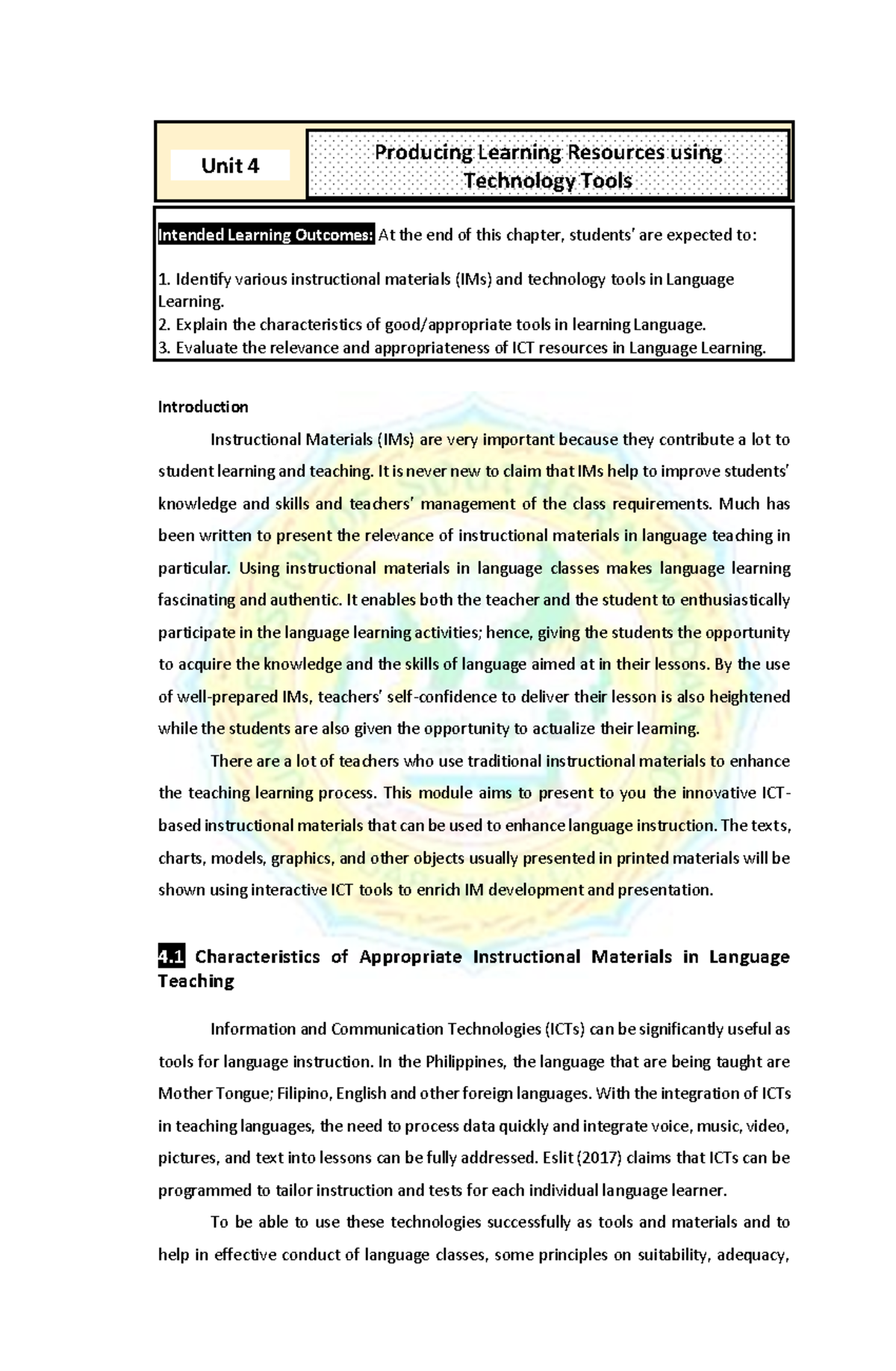 Eng Ed 321 Module 4 - Intended Learning Outcomes: At the end of this chapter, students’ are ...
