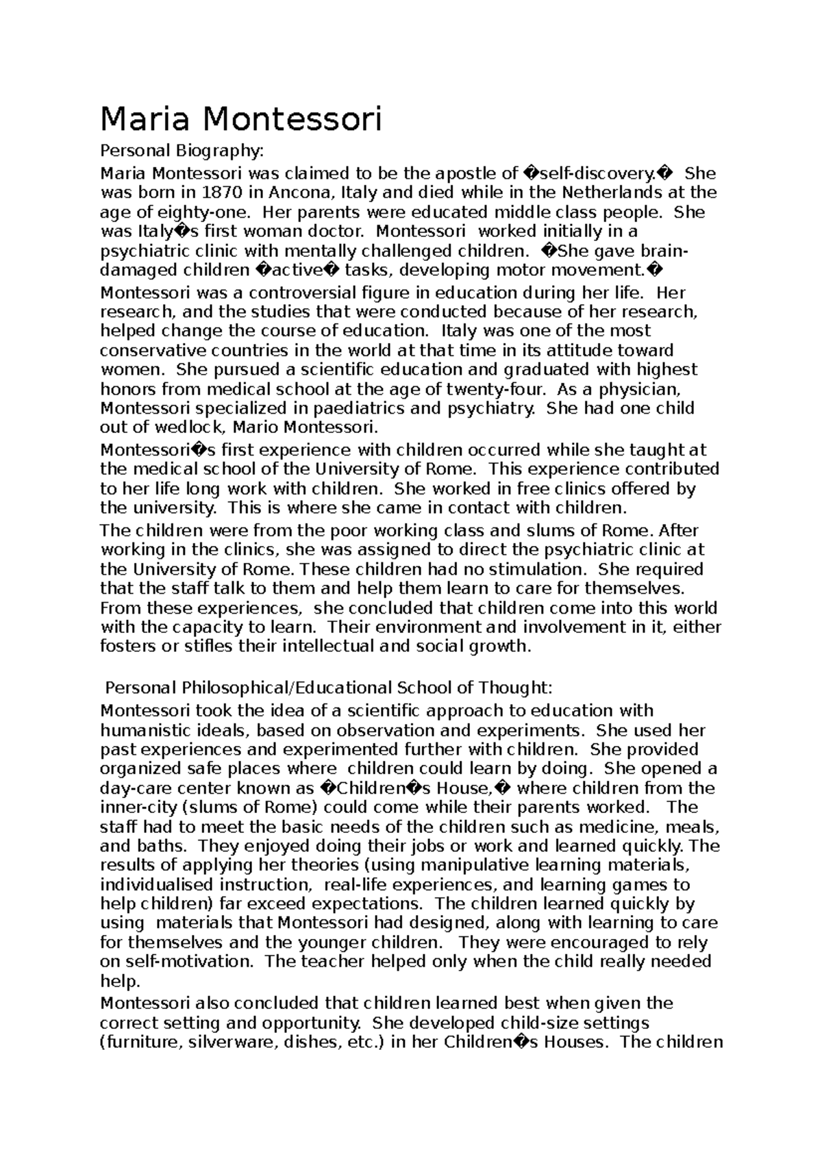 About Dr. Maria Montessori - Maria Montessori Personal Biography: Maria ...