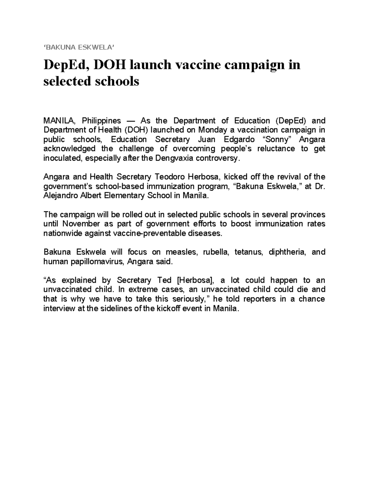 Fact sheets - ‘BAKUNA ESKWELA’ DepEd, DOH launch vaccine campaign in ...