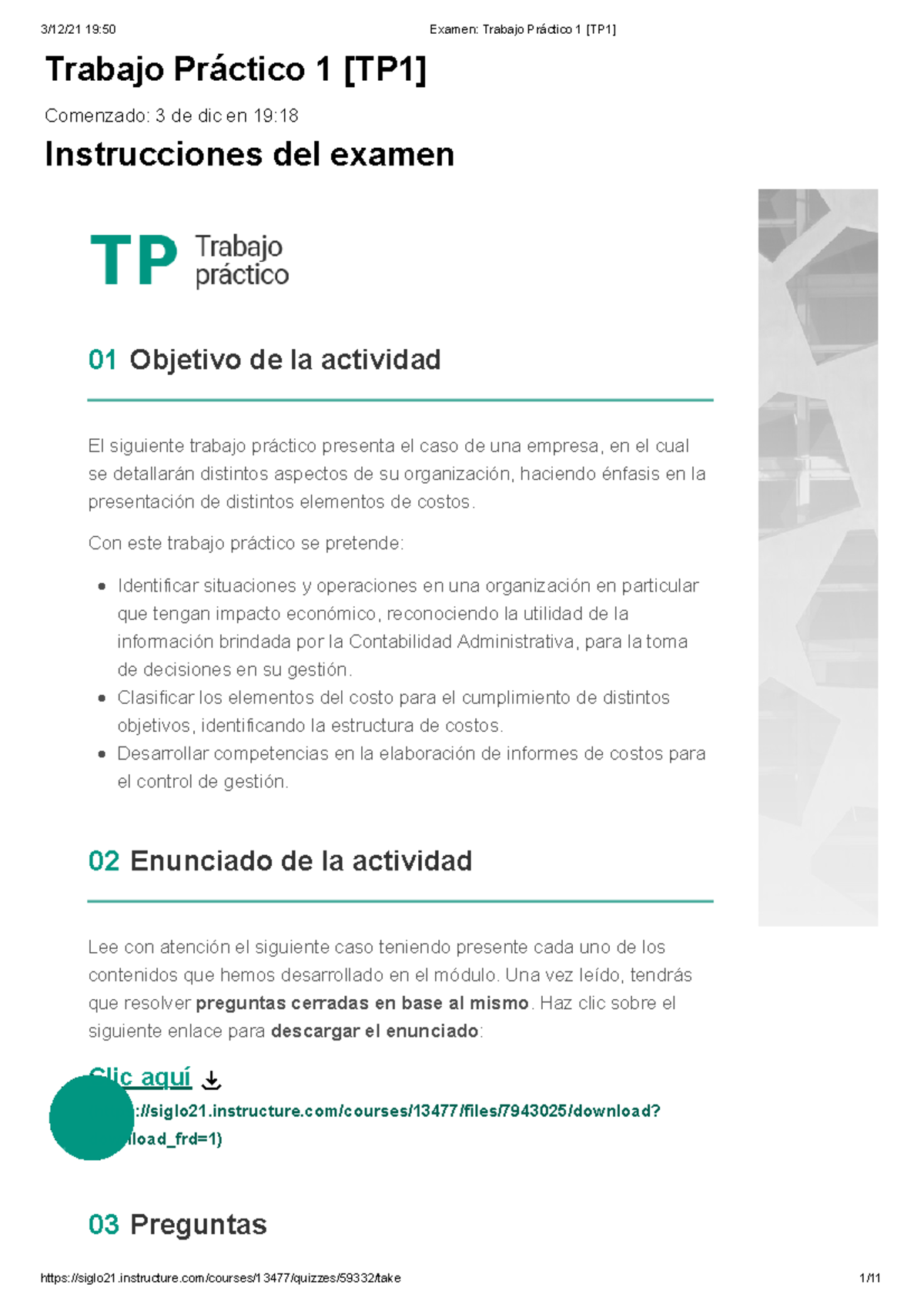 Contabilidad de costos TP1 85% - Trabajo Práctico 1 [TP1] Comenzado: 3 de dic en 19 ...