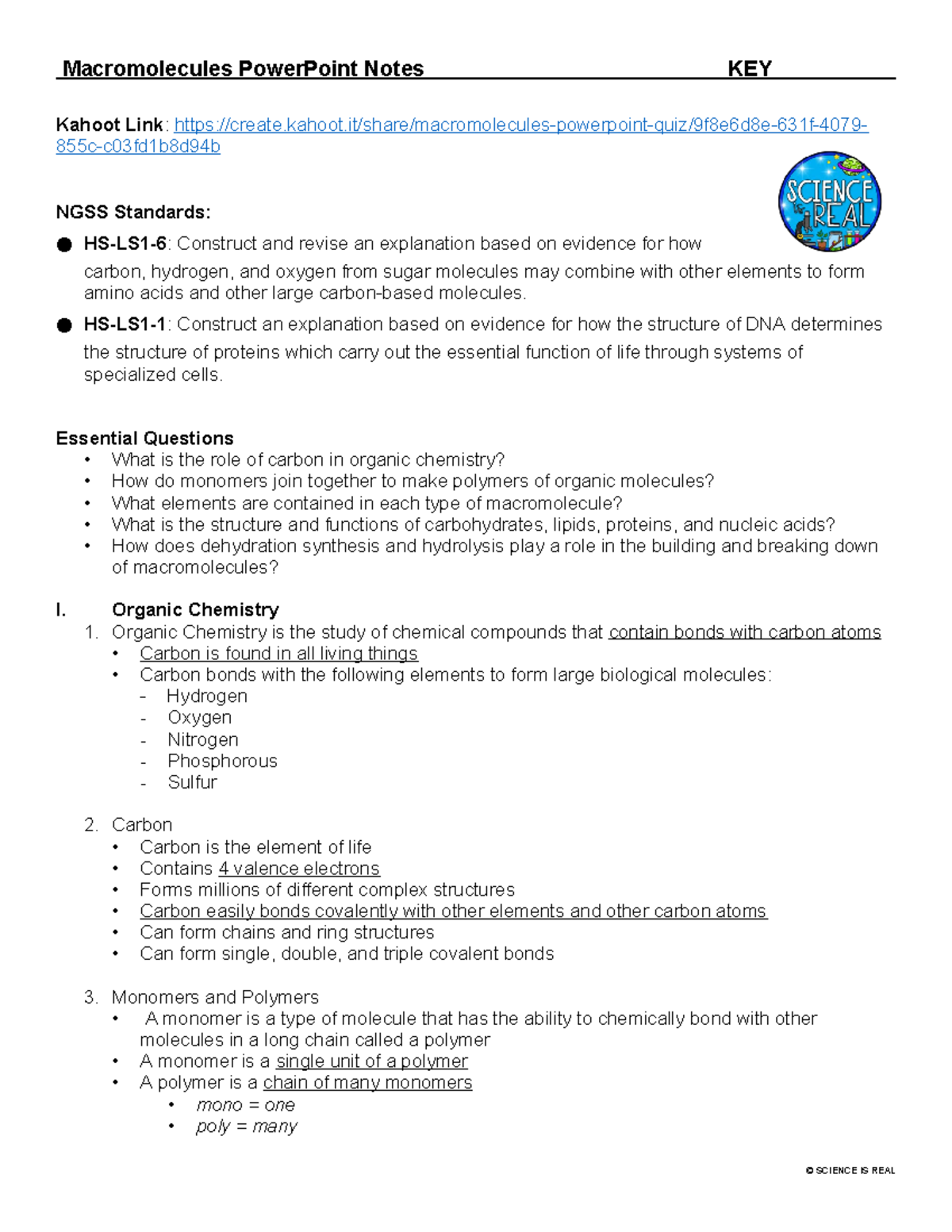 Key for Macromolecules Power Point Notes - Macromolecules PowerPoint ...