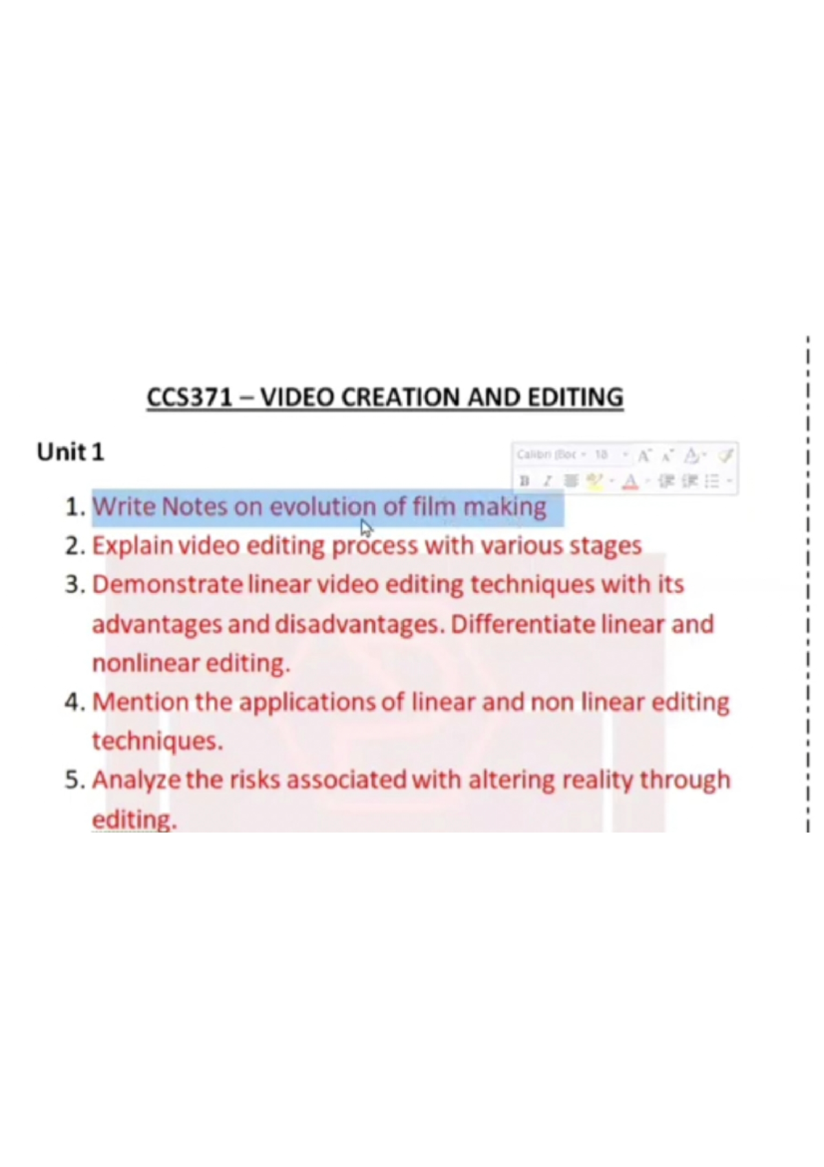 VCE UNIT 1 - CCS371 VIDEO CREATION AND EDITING Unit 1 Calibri (Boc 13 i A B I IN A FRE 1. Write ...