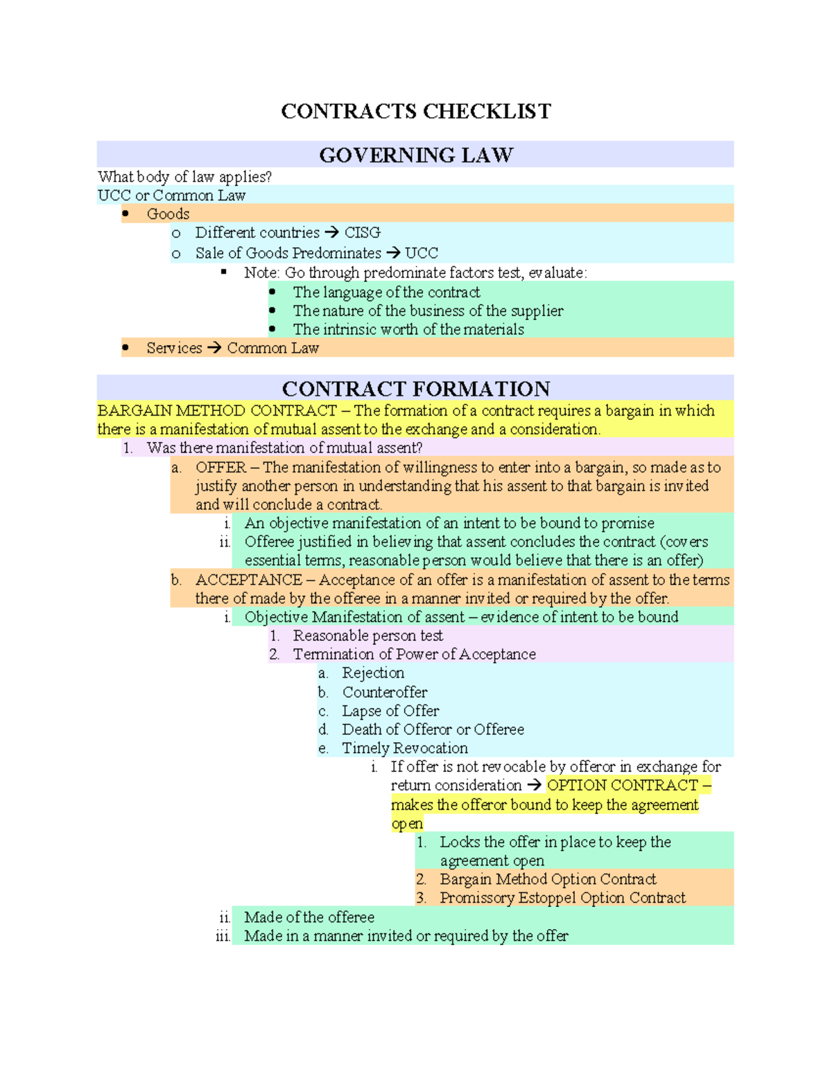 Contracts Condensed Outline - CONTRACTS CHECKLIST GOVERNING LAW What body of law applies? UCC or ...