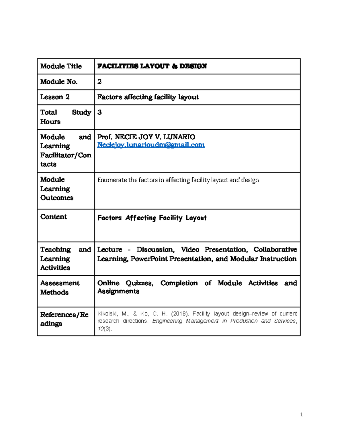 Module 2 - Factors affecting facility layout - Module Title FACILITIES ...