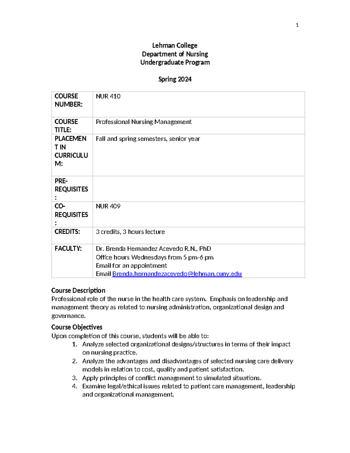 NUR 410 Acevedo Spring 202401 19 24 6pm - Lehman College Department of ...