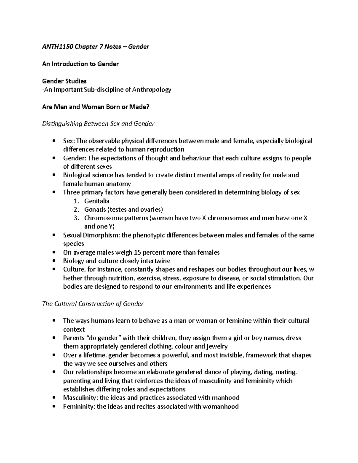 ANTH1150 Chapter 7 - Gender - ANTH1150 Chapter 7 Notes – Gender An ...