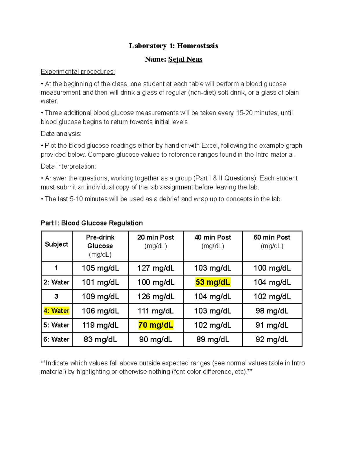 ES2050 Homeostasis Lab 1 - Laboratory 1: Homeostasis Name: Sejal Neas ...