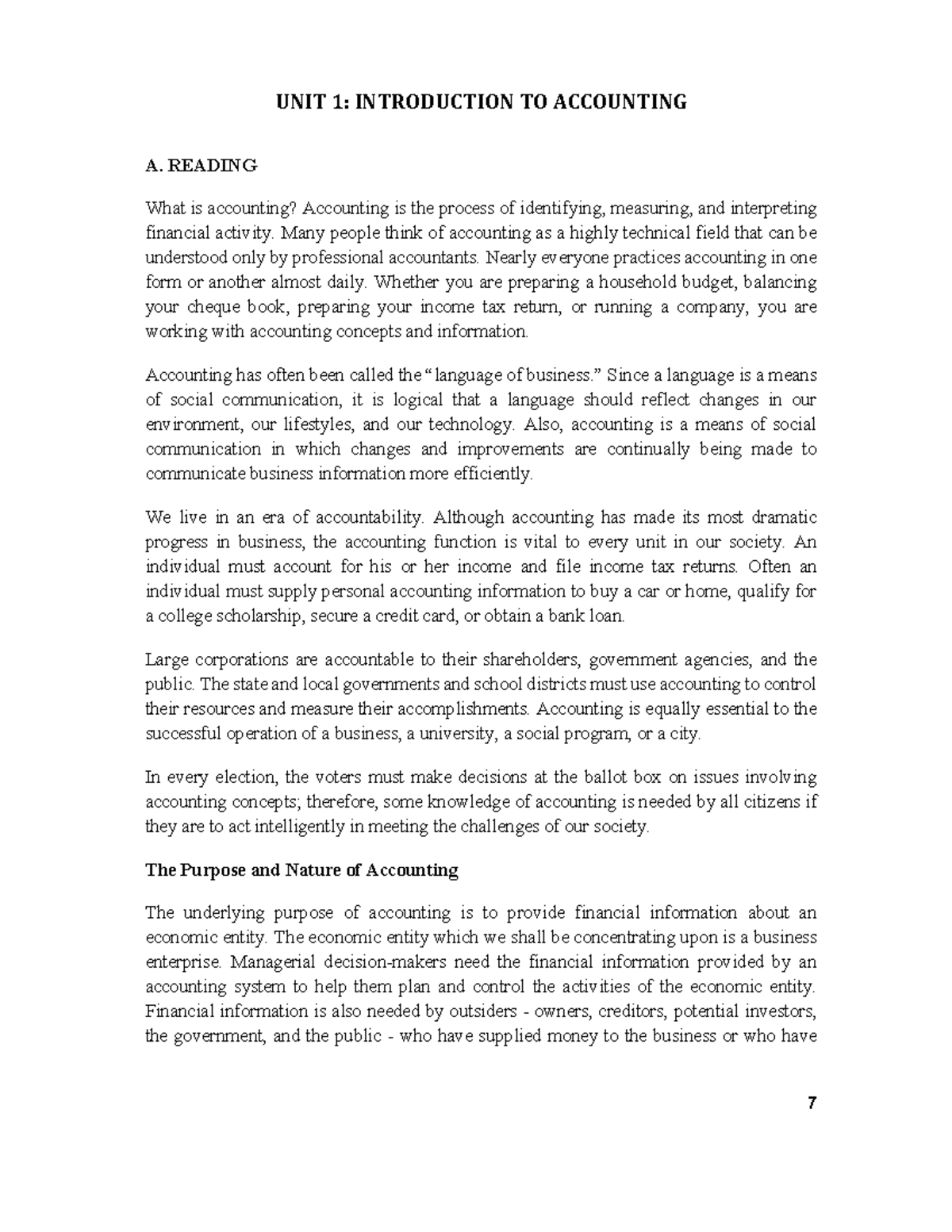 Unit 1 - 111111 - UNIT 1: INTRODUCTION TO ACCOUNTING A. READING What is ...