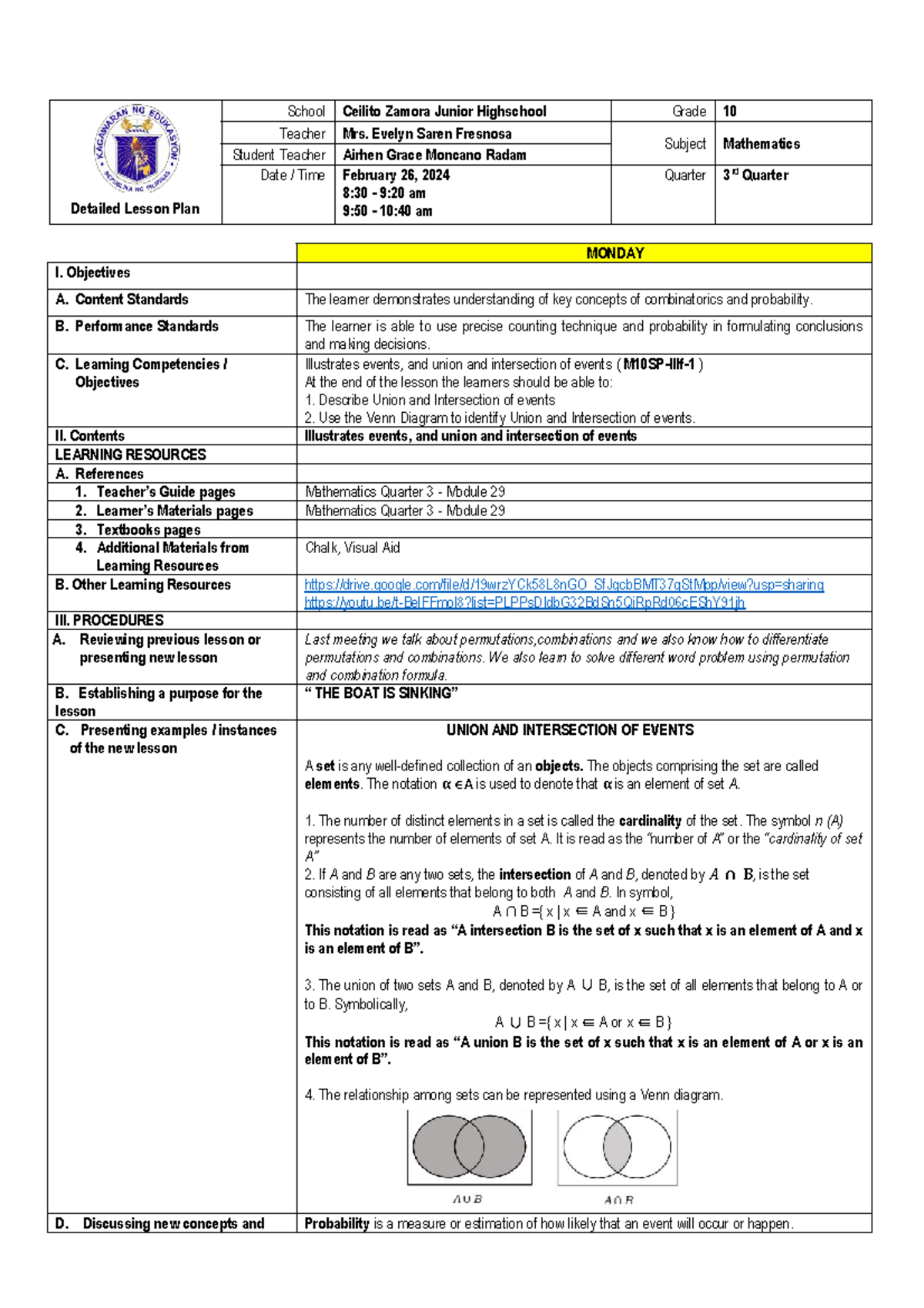 DLP Sets, Union and Intersection 04 - MONDAY I. Objectives A. Content ...