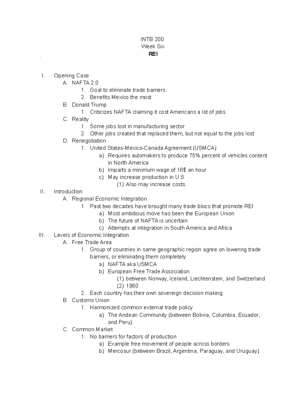 REI - Regional Economic Integration - INTB 200 Week Six REI I. Opening ...