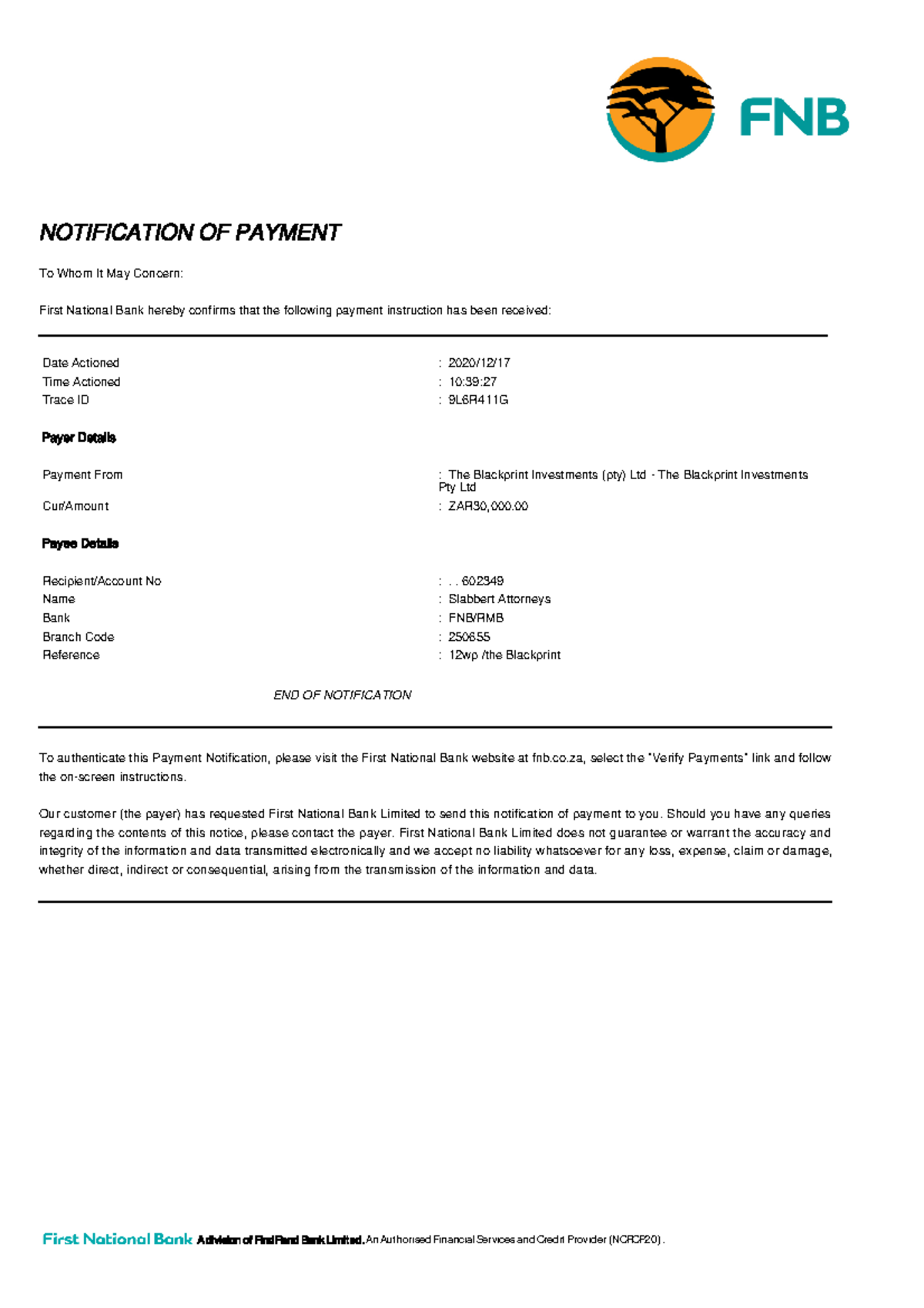 Payment Notification (16) - NOTIFICATION OF PAYMENT To Whom It May ...