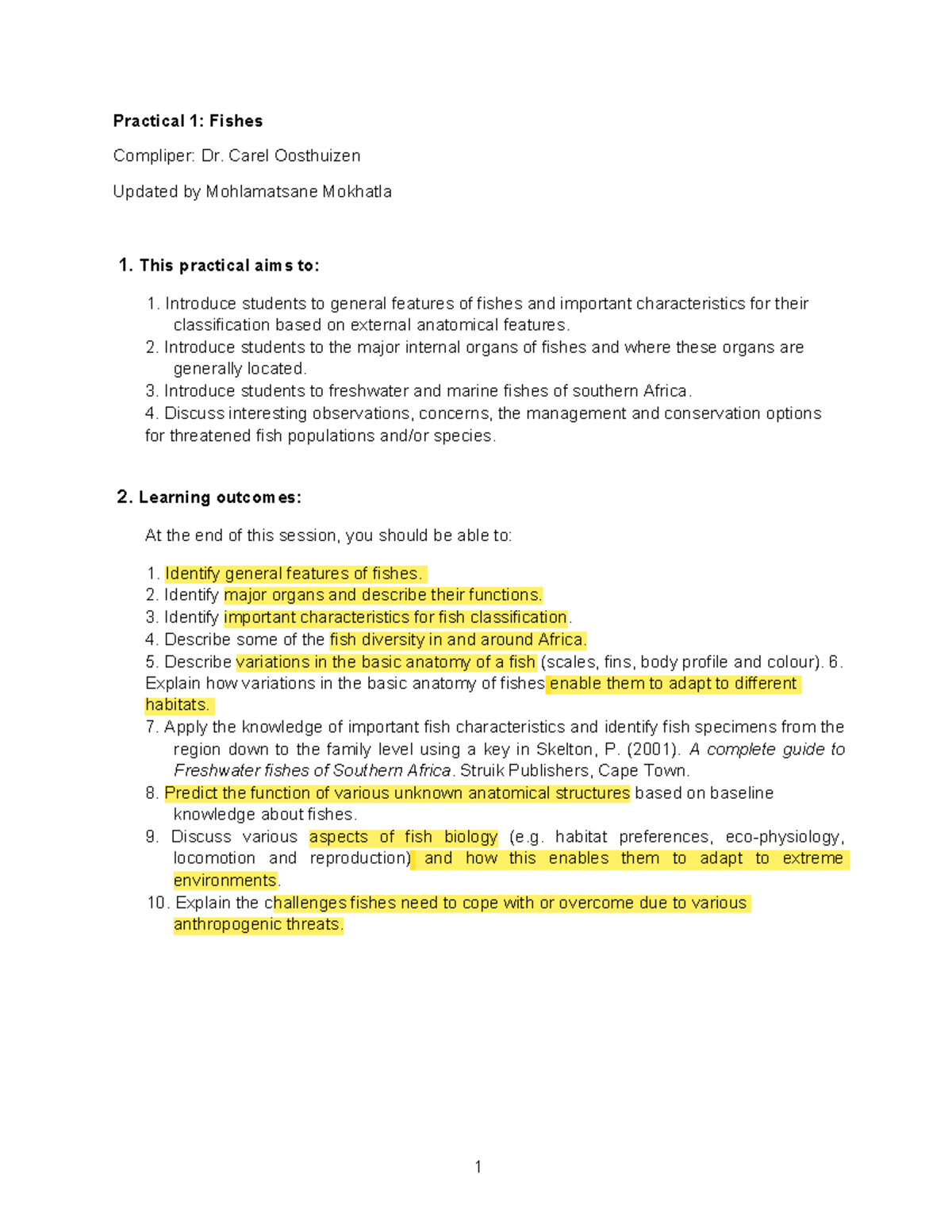 Practical 1 - Fishes - Practical 1: Fishes Compliper: Dr. Carel ...