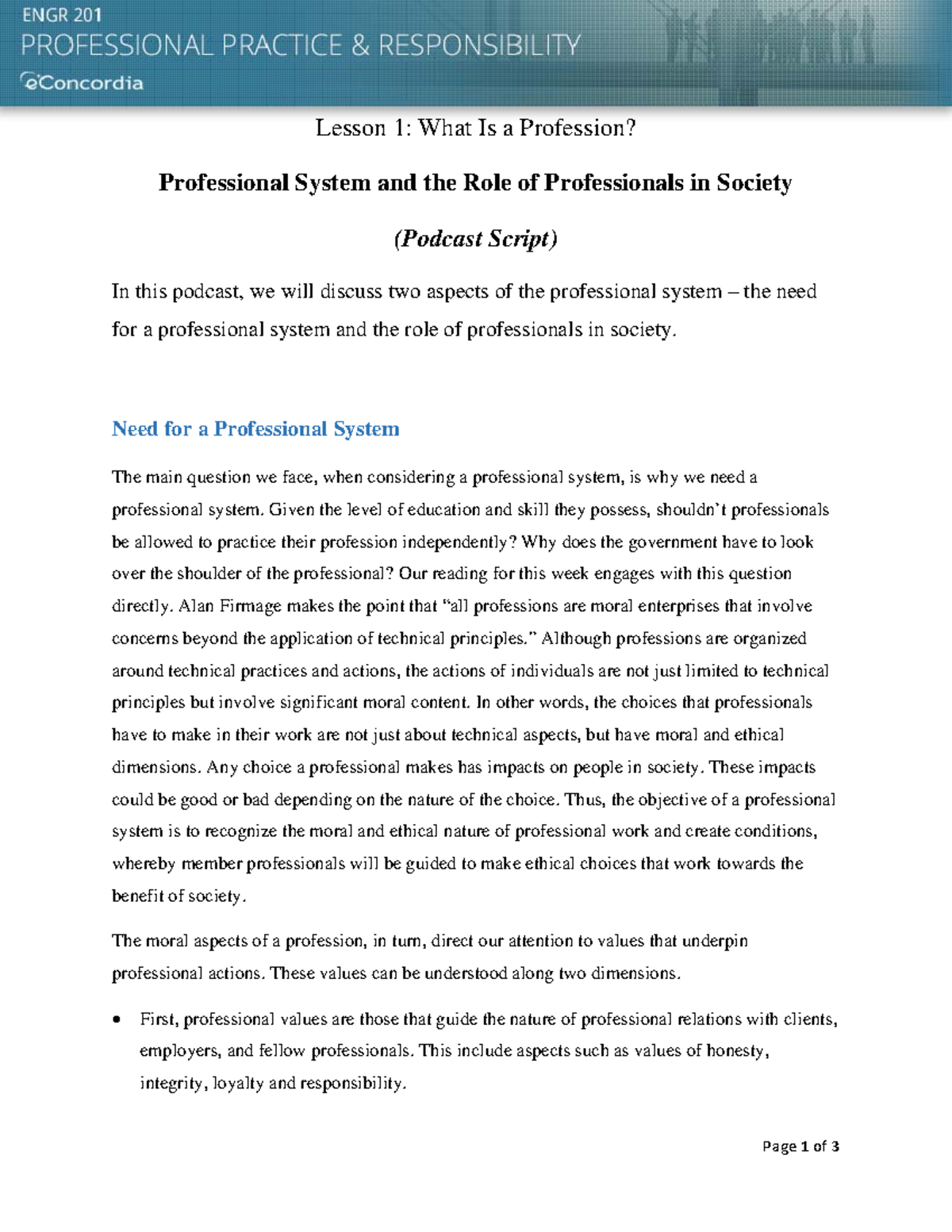 201 lessons 1-2-3 - Page 1 of 3 Lesson 1: What Is a Profession ...