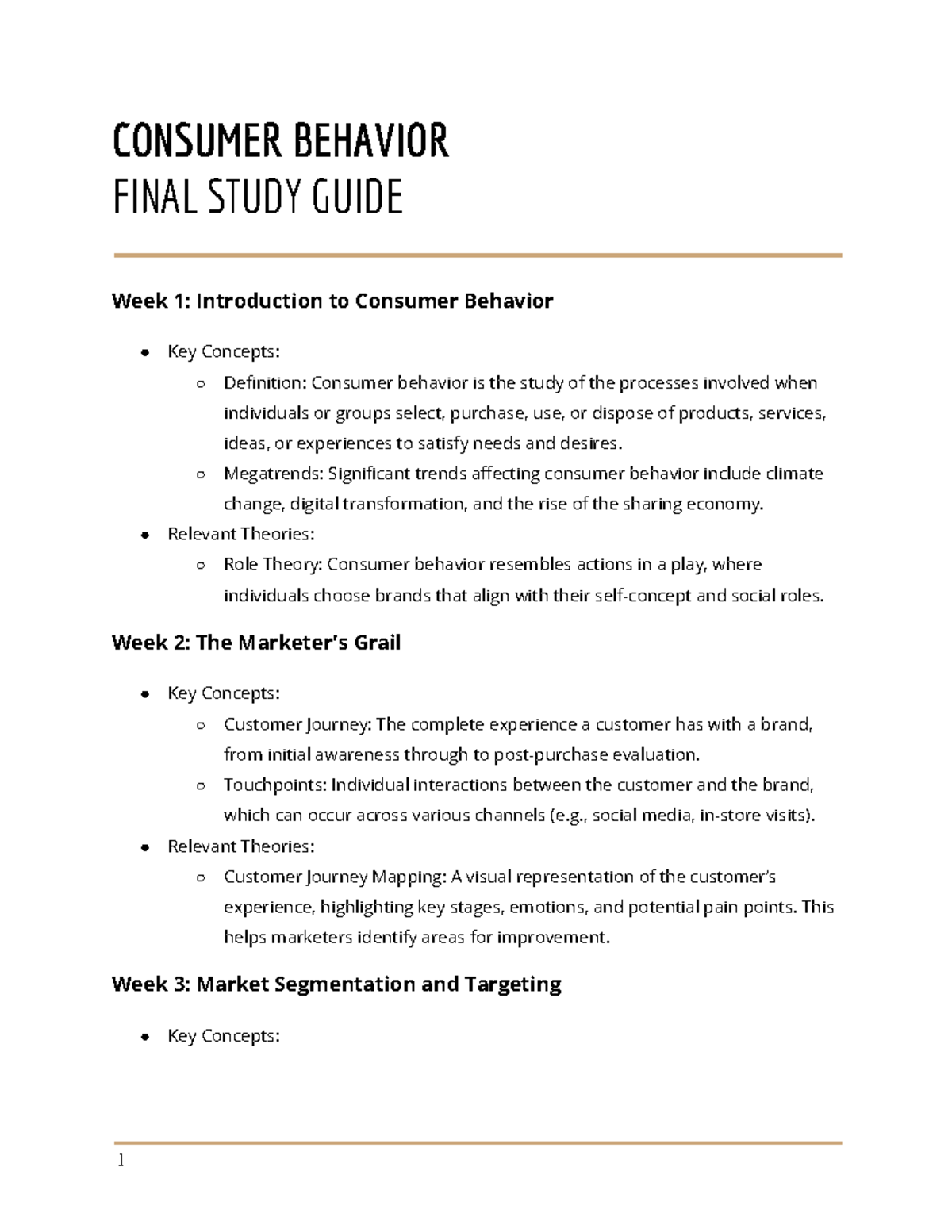 FINAL Study Guide - Consumer Behavior - CONSUMER BEHAVIOR FINAL STUDY GUIDE Week 1: Introduction ...