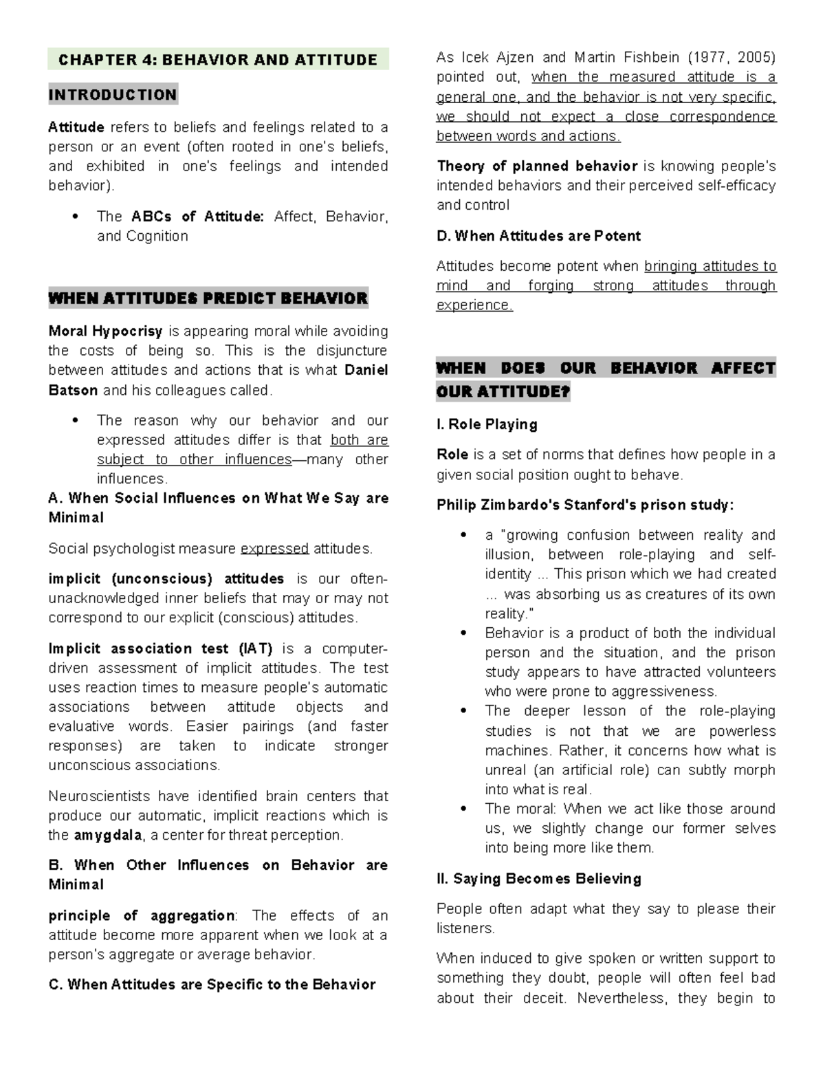 Lesson - CHAPTER 4: BEHAVIOR AND ATTITUDE INTRODUCTION Attitude refers to beliefs and feelings ...