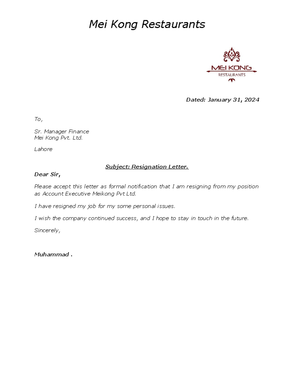 Resignation Letter - Critical Thinking and Reflective Practices - Mei ...