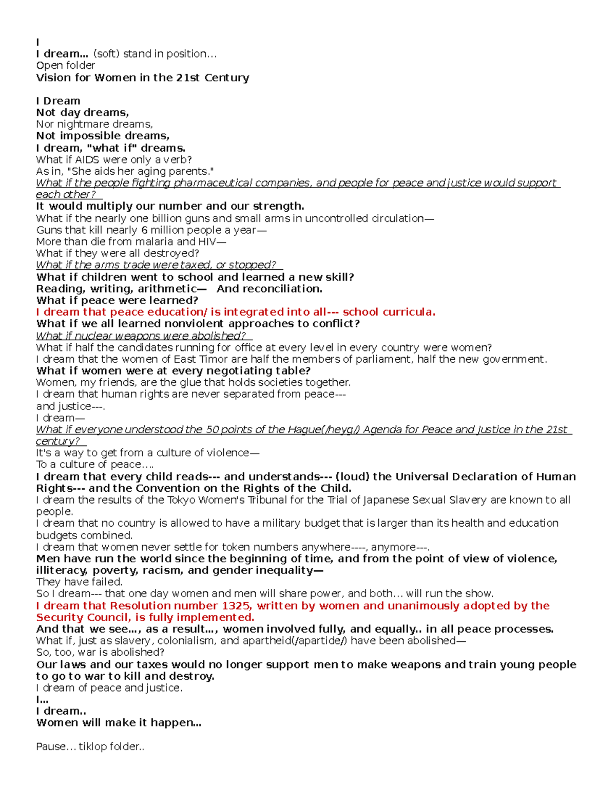 I-Dream - This document contains the script for the performance of the ...