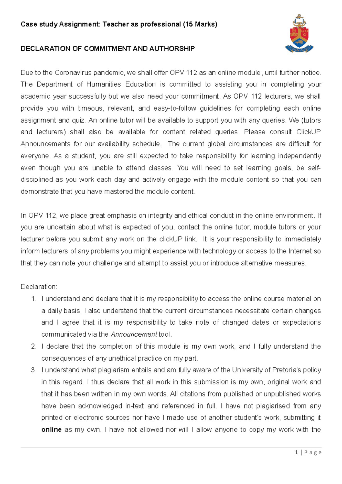 Assignment for At risk students - DECLARATION OF COMMITMENT AND ...