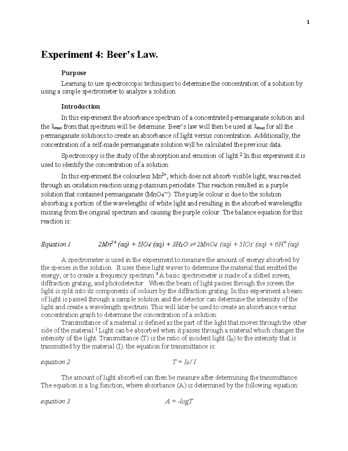 Beers Law - Experiment 4: Beer’s Law. Purpose Learning to use ...