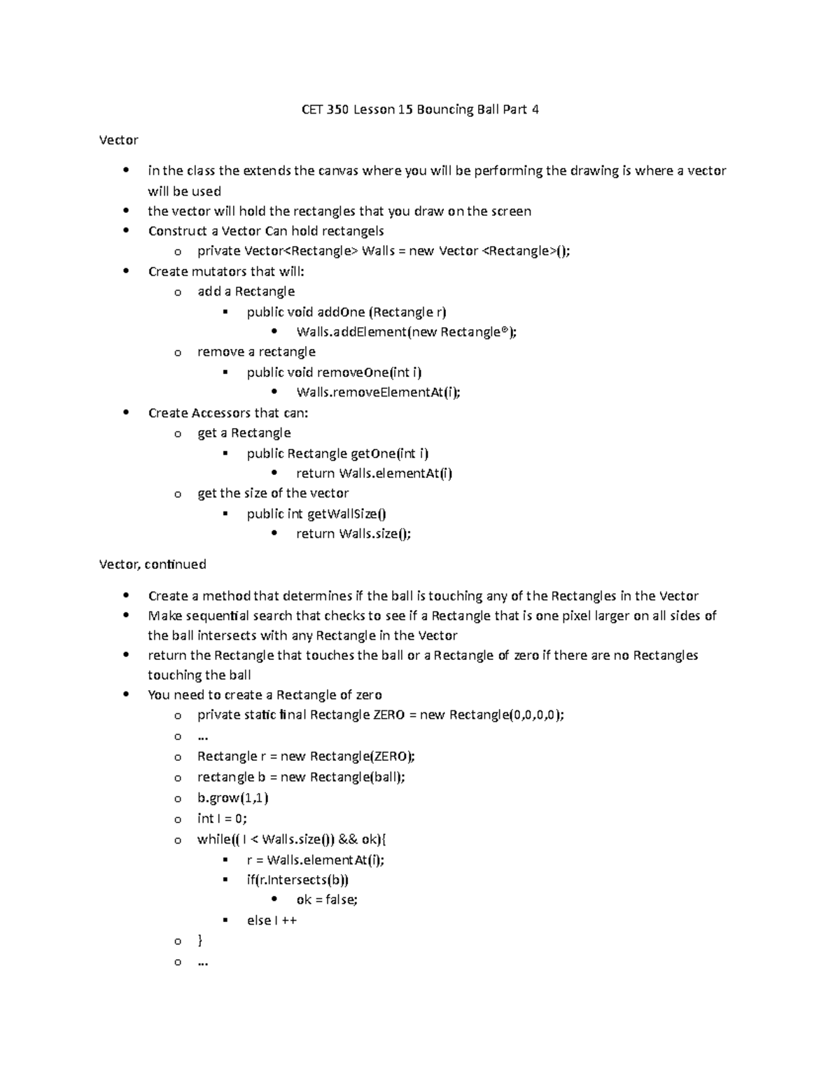 Java Lesson 15 N A Cet 350 Lesson 15 Bouncing Ball Part 4 Vector In The Class The Extends