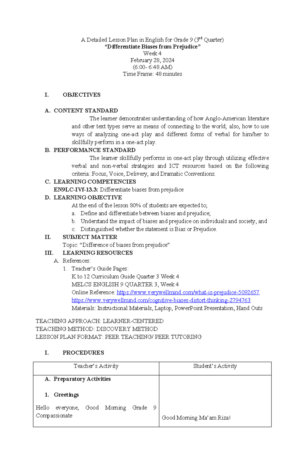 Detailed - Lesson PLAN- WEEK 4 Wednesday - A Detailed Lesson Plan in ...