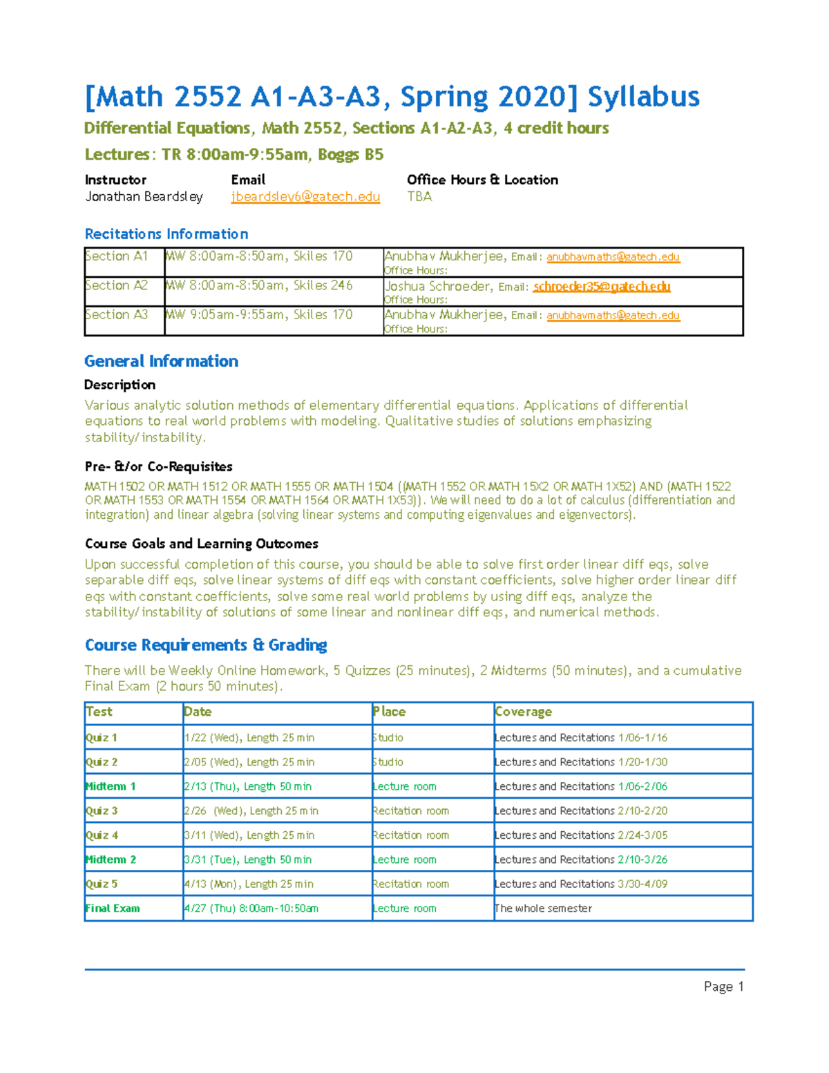 Beardsley 2020 Diff EQ Syllabus Section A - [Math 2552 A1-A3-A3, Spring ...