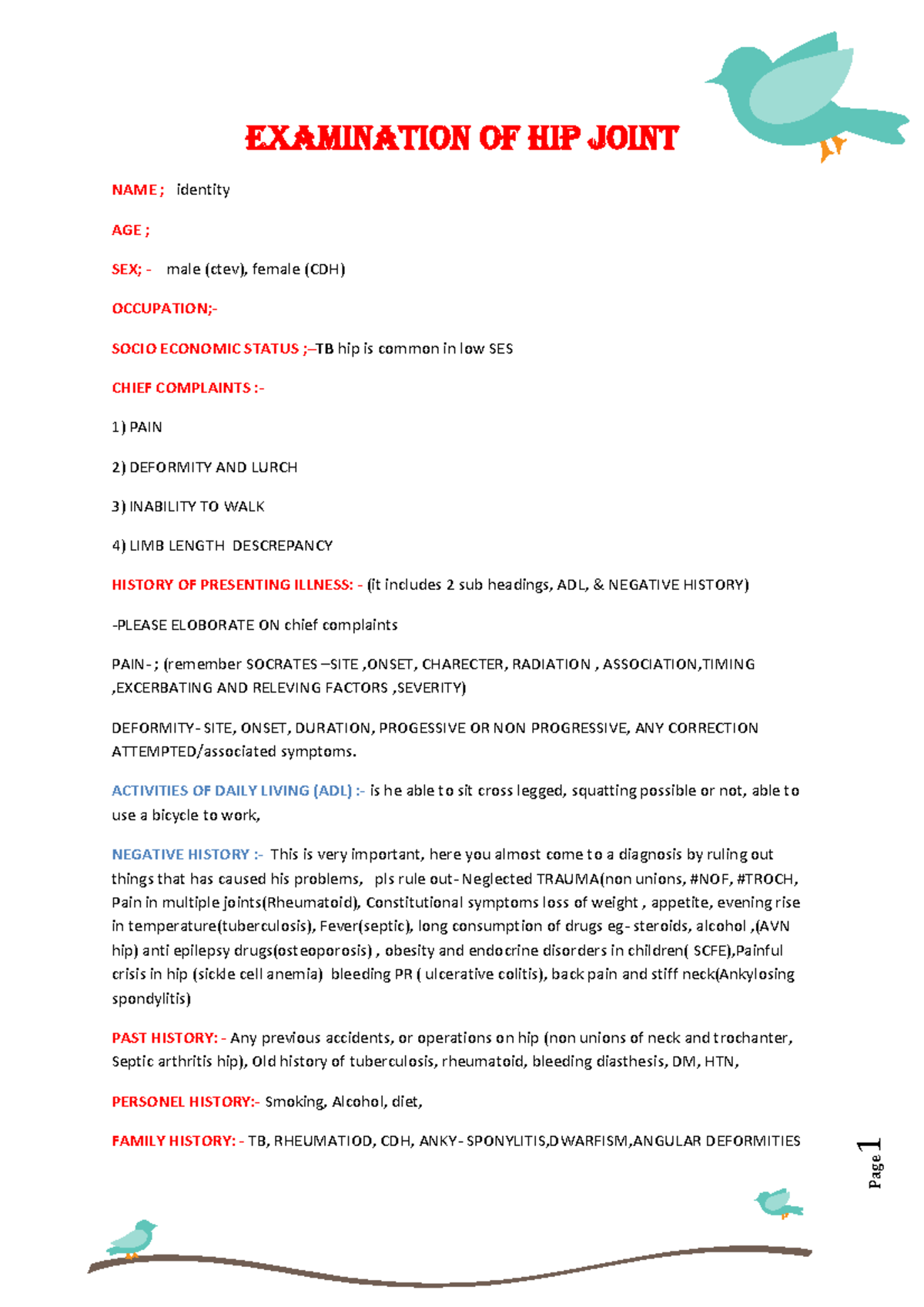 Examination OF HIP Joint - 1 EXAMINATION OF HIP JOINT NAME ; identity ...