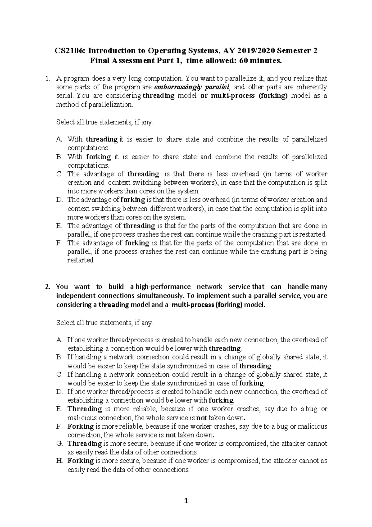 1920SEM2-CS2106 - Final exam - CS2106: Introduction to Operating Systems, AY 2019/2020 Semester ...