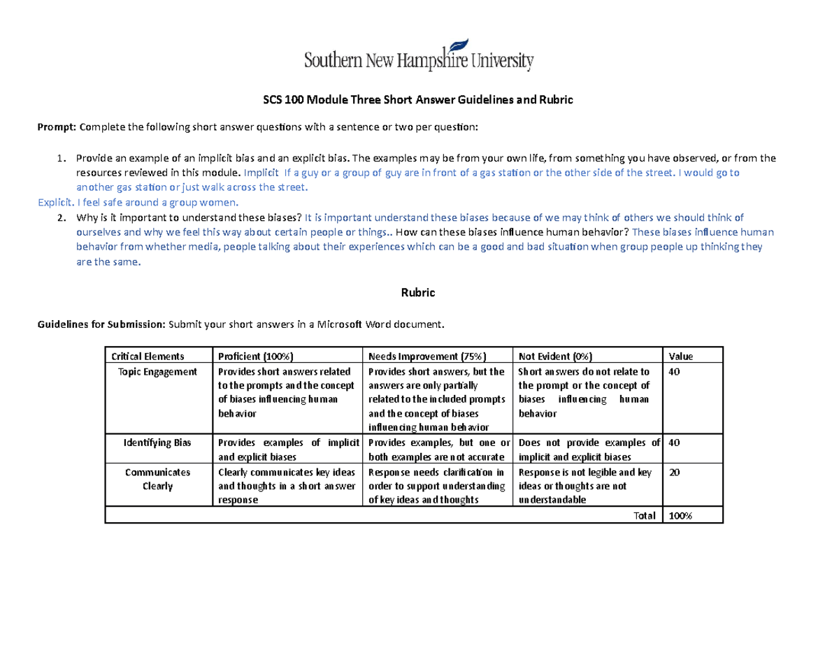 SCS 100 Module Three Short Answers - SCS100 - SNHU - Studocu