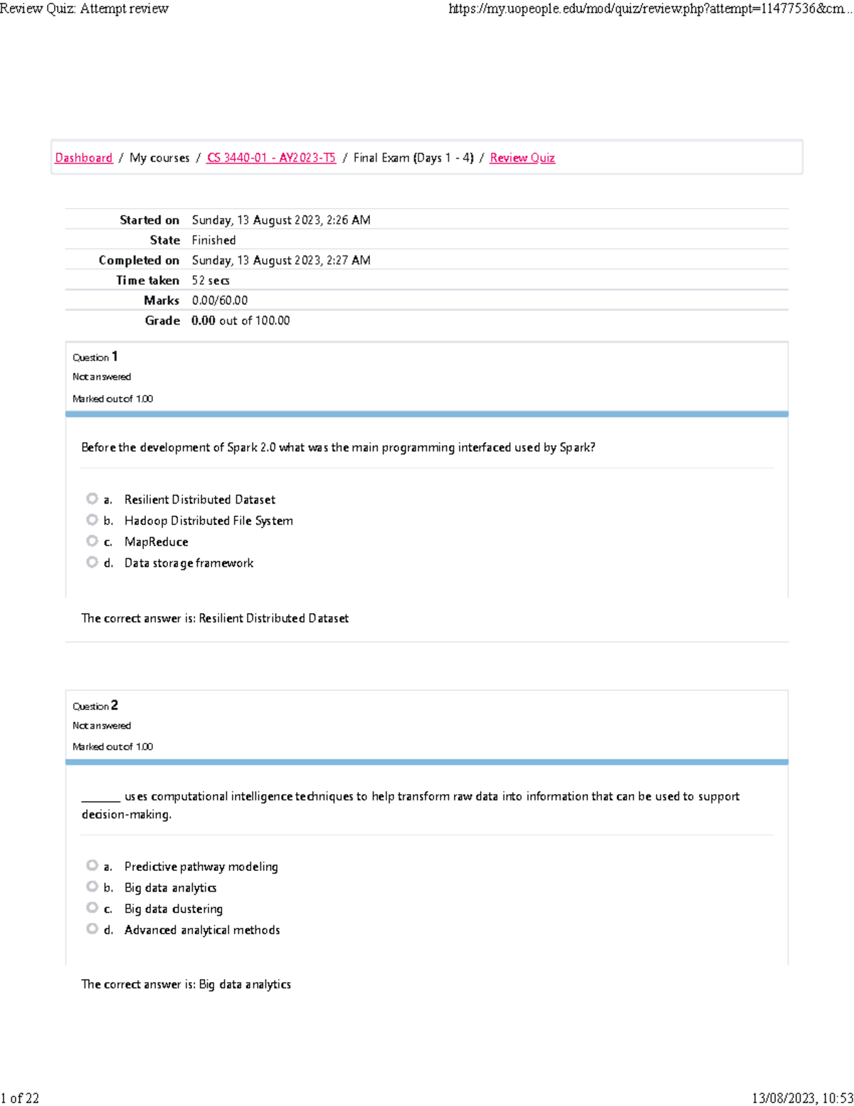 CS 3440 1 Review Quiz Attempt review - Started on Sunday, 13 August 2023, 2:26 AM State Finished ...