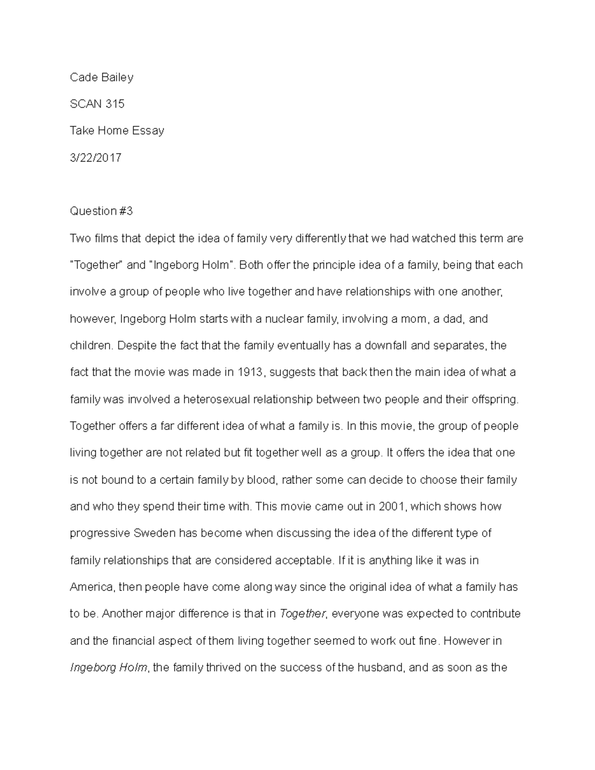 Final Essay on Nordic Cinema - Grade B - Cade Bailey SCAN 315 Take Home ...