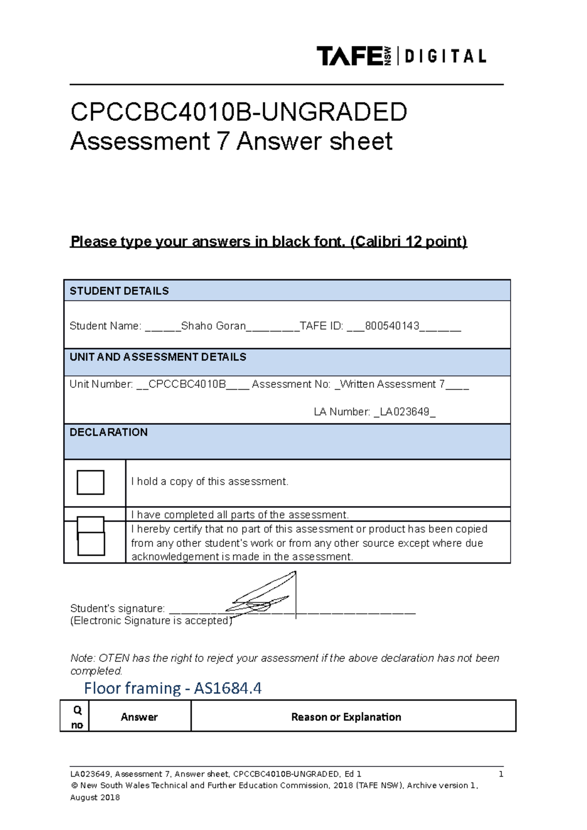 Goran.S LA023649 Assn7 Answer sheet Cpccbc 4010B- Ungraded Ed1 ...