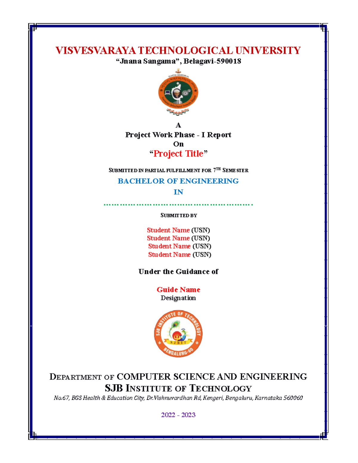 Project Phase I front sheets format - VISVESVARAYA TECHNOLOGICAL ...