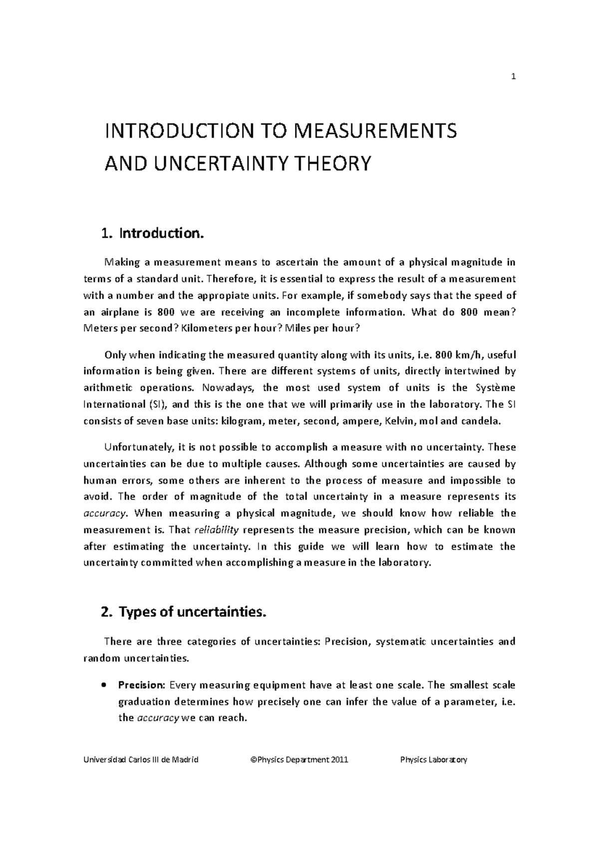Uncertainty lab - 1 INTRODUCTION TO MEASUREMENTS AND UNCERTAINTY THEORY ...