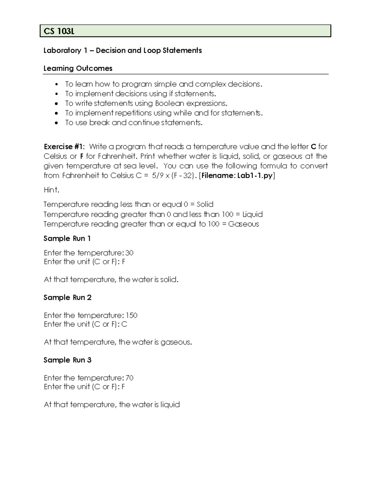 Laboratory Activity 1 - CS 103L Laboratory 1 – Decision and Loop ...